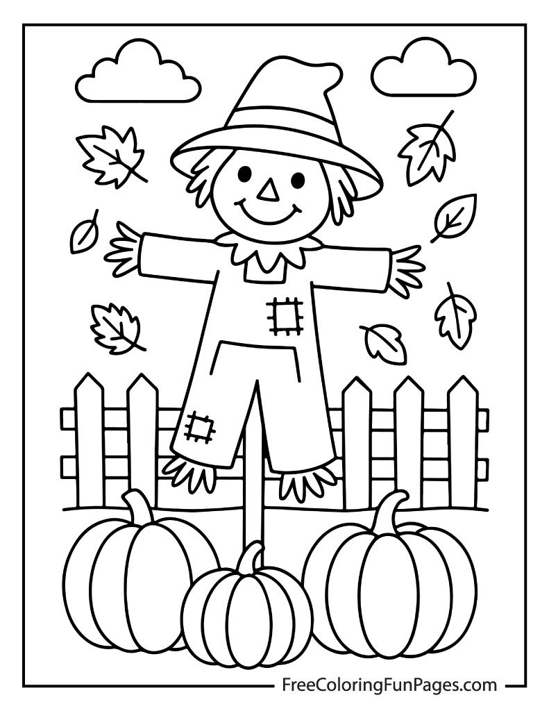 Cute Scarecrow and Pumpkin Coloring Page - FreeColoringFunPages