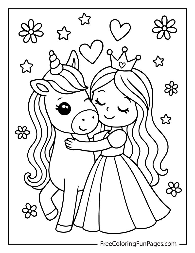 Cute Princess and Unicorn Coloring Page for Kids - FreeColoringFunPages